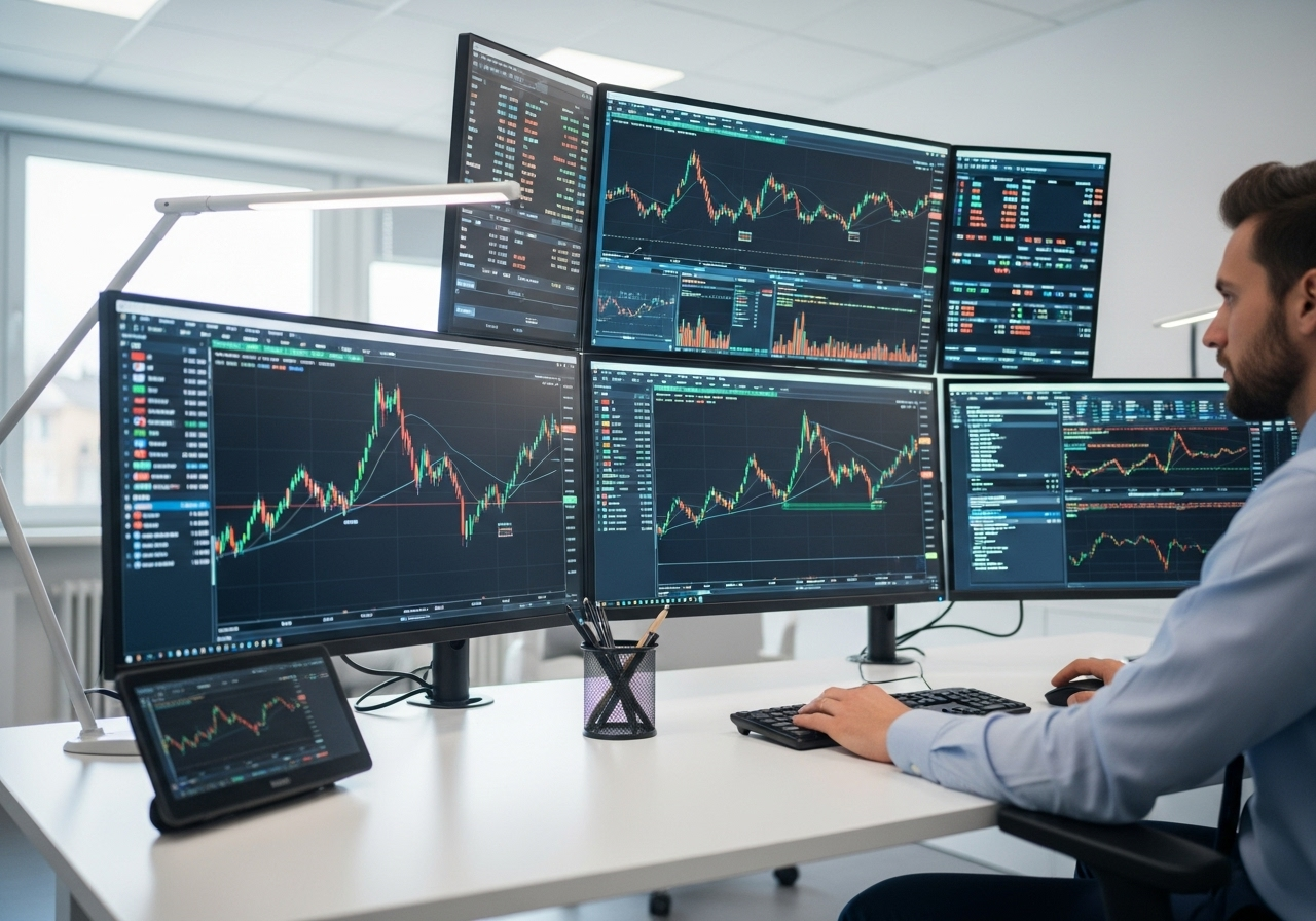 Professional forex copy trading workstation with multiple monitors